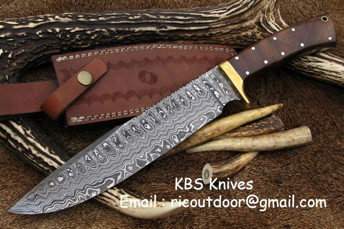 Full Tang Hunter Bowie Knife with Custom Handcrafted Damascus Steel Bl ...
