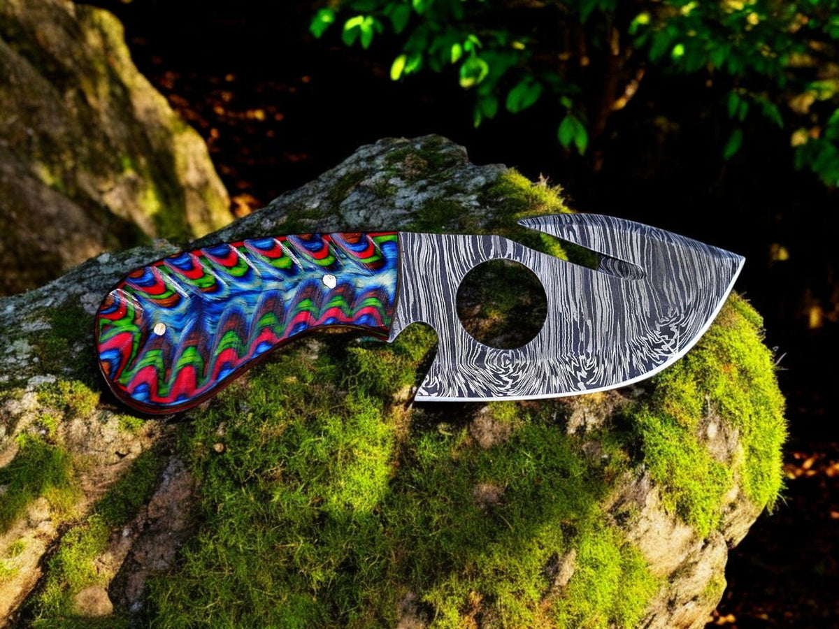 Gut Hook Skinning Knife – 7.25" Damascus Steel Blade with Exotic Color ...