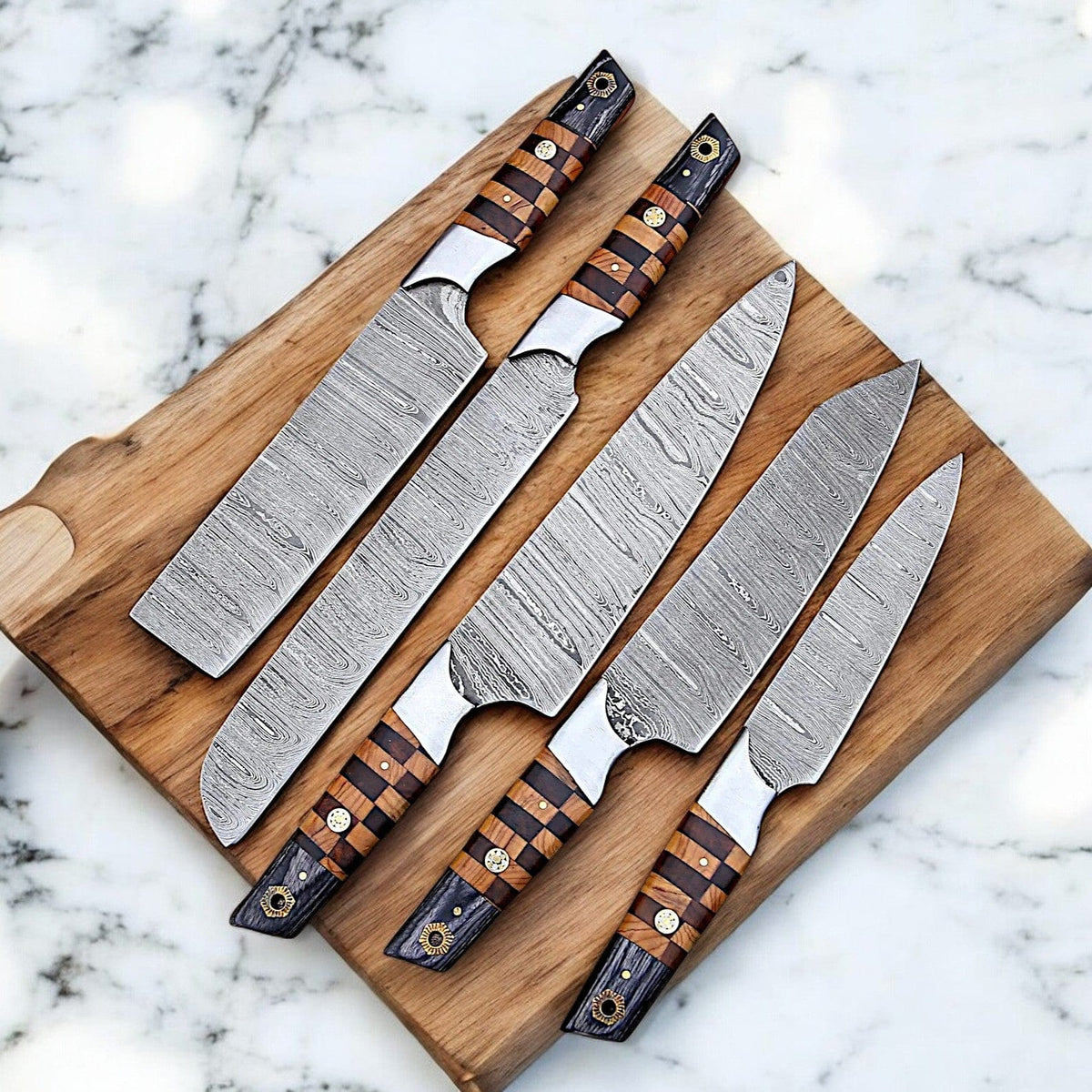 Handmade Custom Knife Set - 5 Damascus Steel Knives with Leather Sheat ...