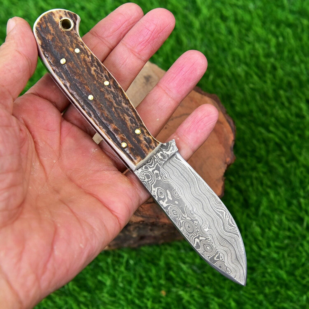 Custom Handmade Damascus Steel Skinning Knife with Stag Horn Handle an ...