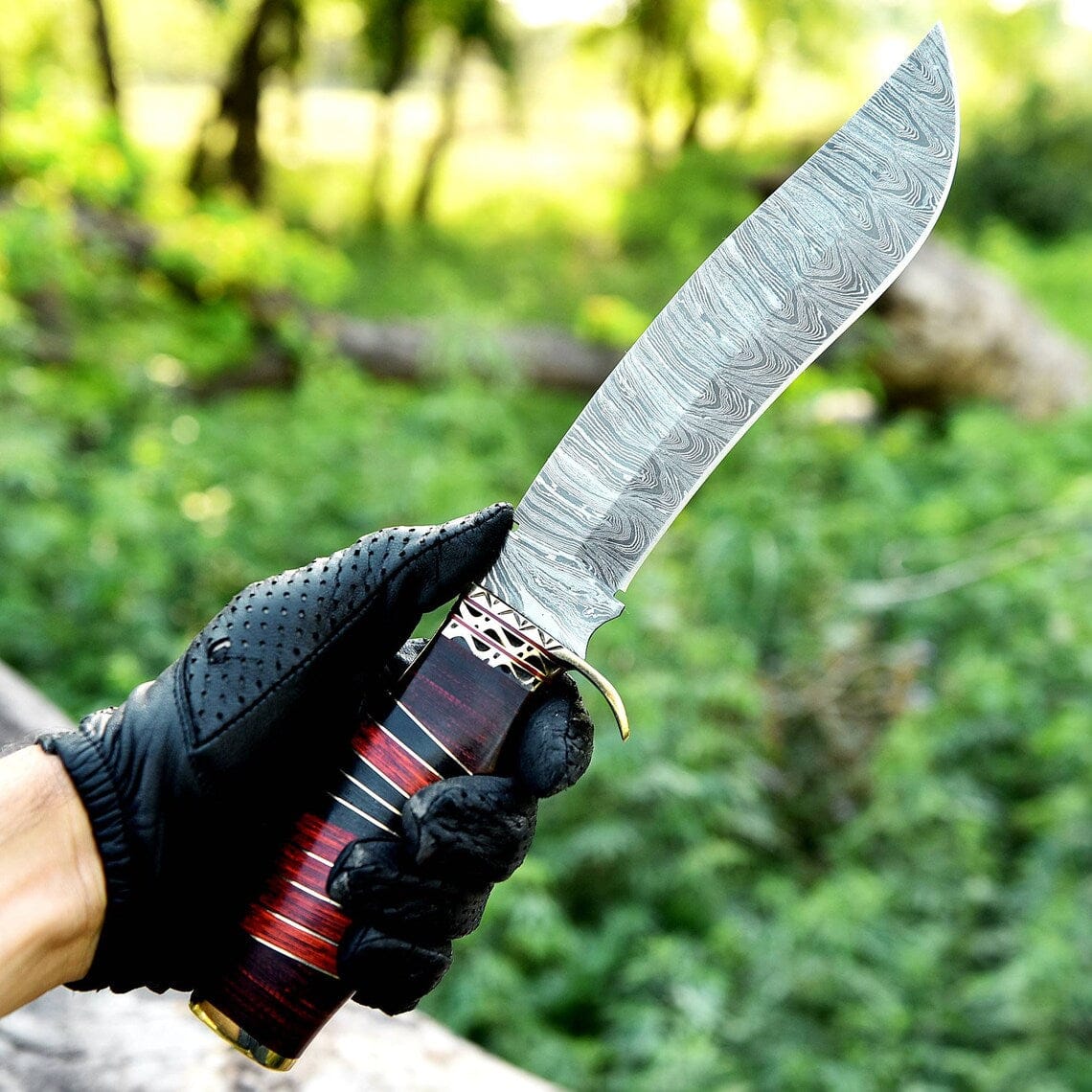 Antique 13" Damascus Steel Bowie Knife – Brass Guard and Pakkawood Han ...