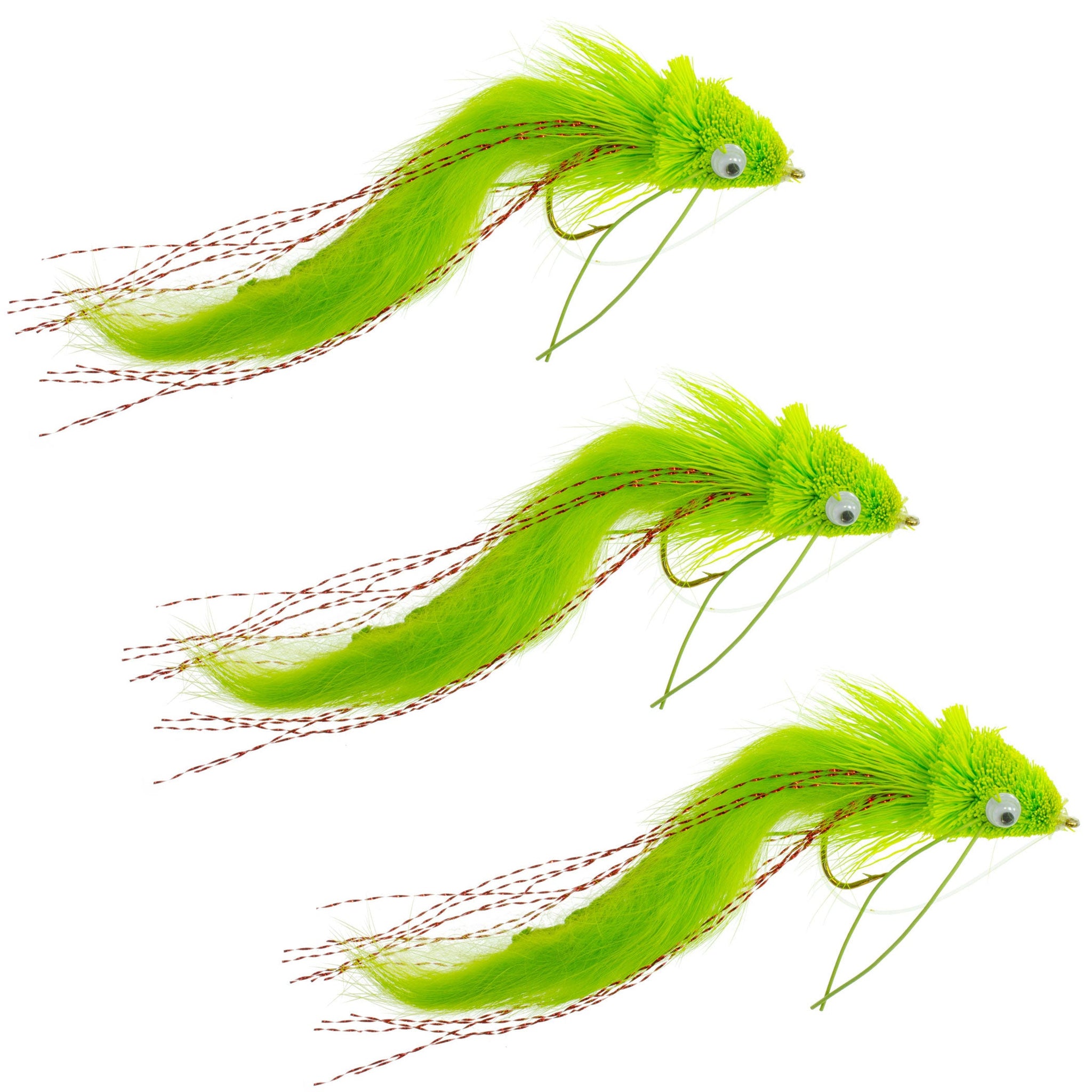 3 Pack Chartreuse Rabbit Strip Deer Hair Diver Size 4 - Bass Fly Fishi ...